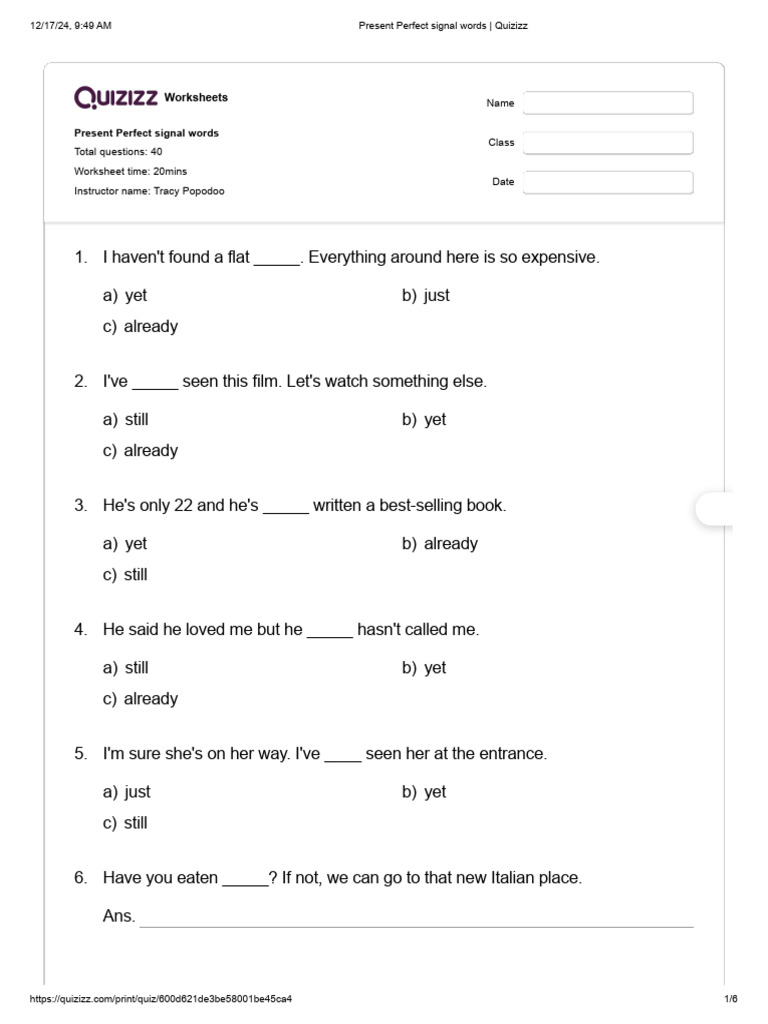 Present Perfect signal words _ Quizizz | PDF