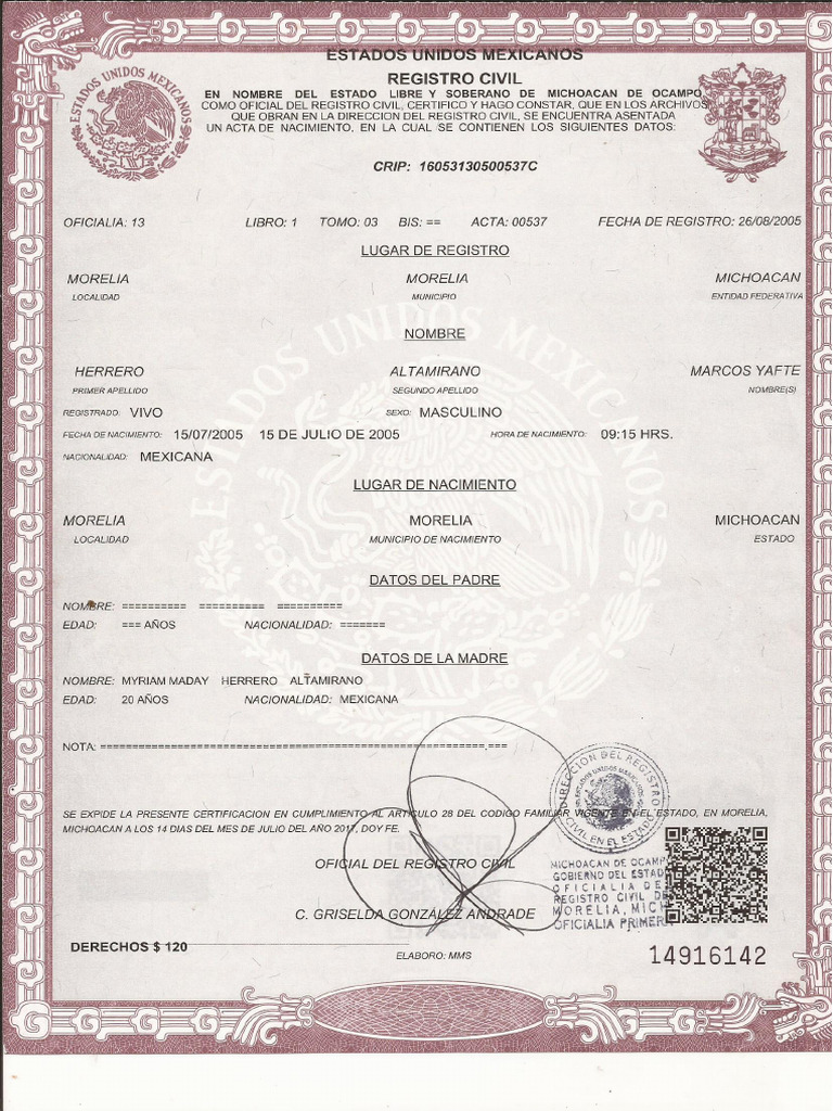 Acta de Nacimiento Marcos | PDF