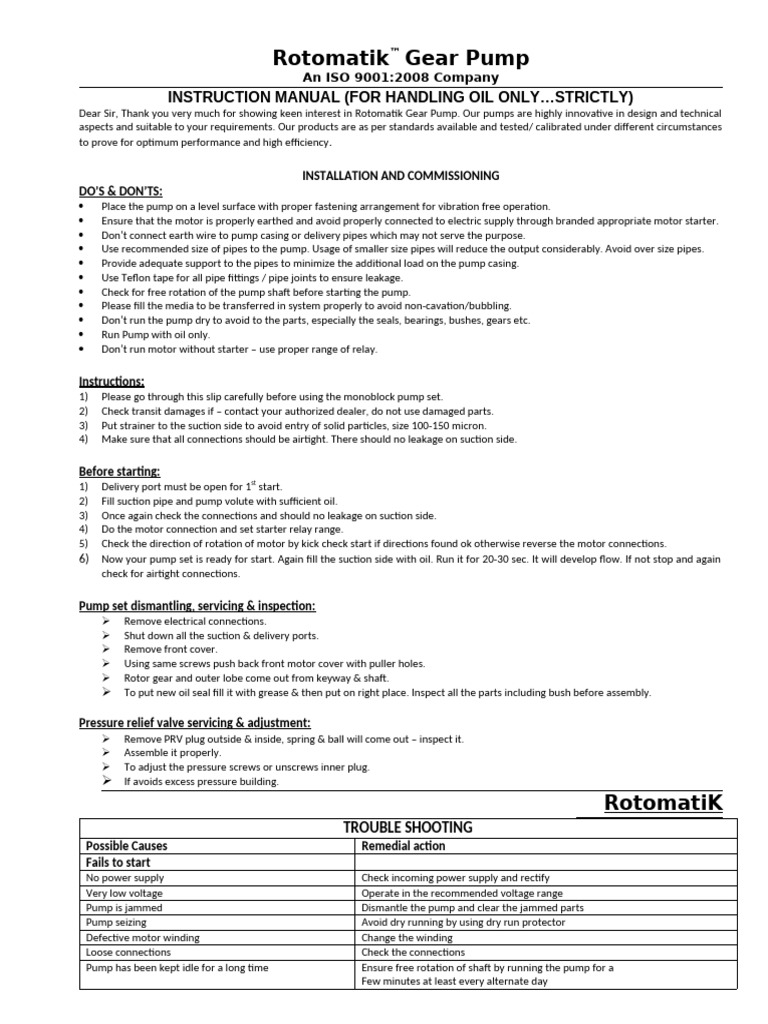 Instruction Manual - Gear Pump | PDF | Pump | Bearing (Mechanical)