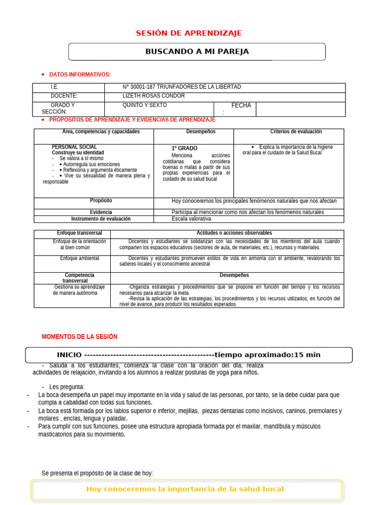 SESION SALUD BUCAL | PDF | Aprendizaje | Evaluación