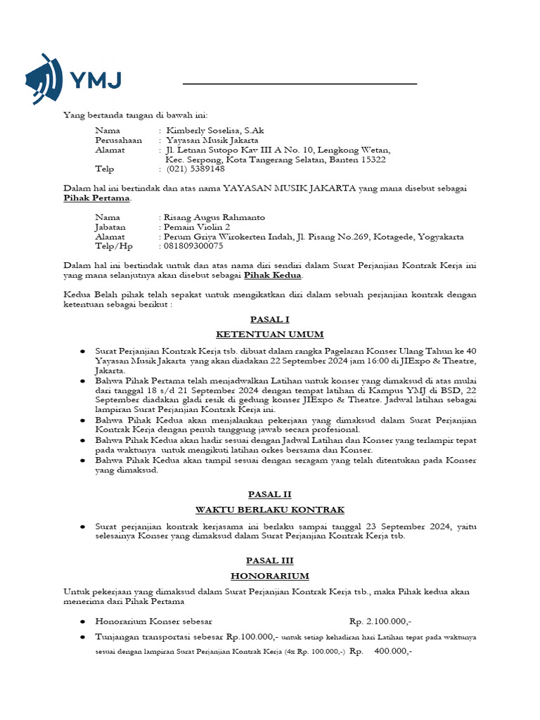 Surat Perjanjian Kontrak Kerjasama - Risang Augus Rahmanto | PDF