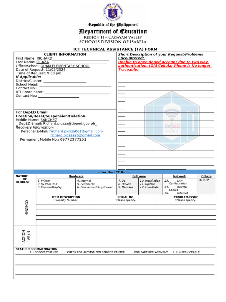 Fm-Sds-Ict-001 Rev 01 Ict Technical Assistance (Ta) Form-Editable | PDF ...