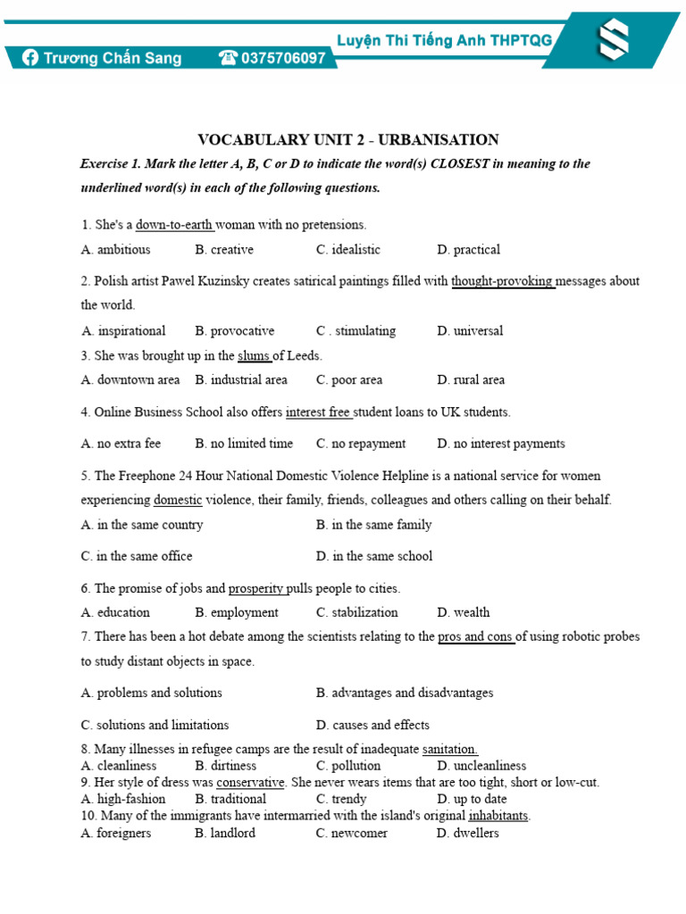 Vocabulary Unit 2: Urbanisation Exercises | PDF | Urbanization