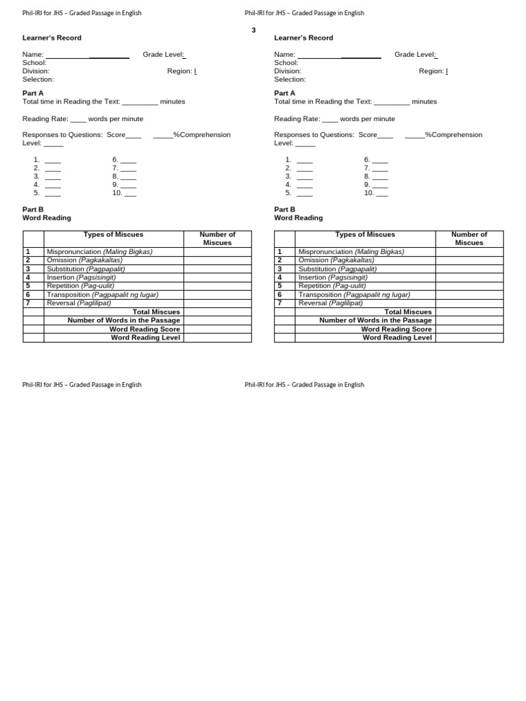 Phil-IRI For JHS Form 3 | PDF | Reading Comprehension | Pedagogy