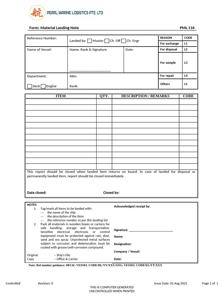 PML 116 - Material Landing Note | PDF