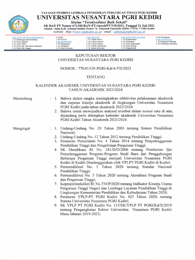 SK Kalender Akademik 2023-2024 UNP Kediri | PDF