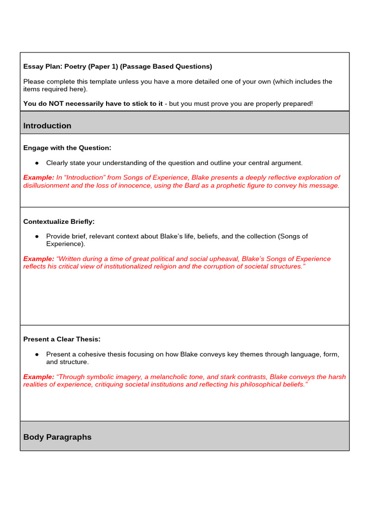 [Template] Poetry Essay Plan 9695 AS Literature in English | PDF ...