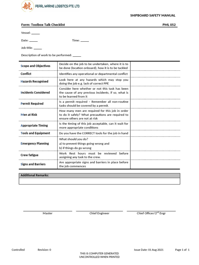 PML 052 - Toolbox Talk Checklist | PDF | Occupational Safety And Health ...