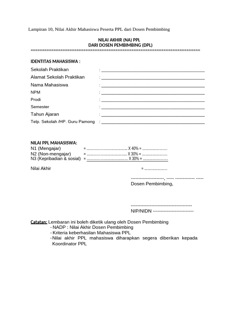 Lampiran 10, Nilai Akhir Mahasiswa Peserta PPL Dari Dosen Pembimbing | PDF
