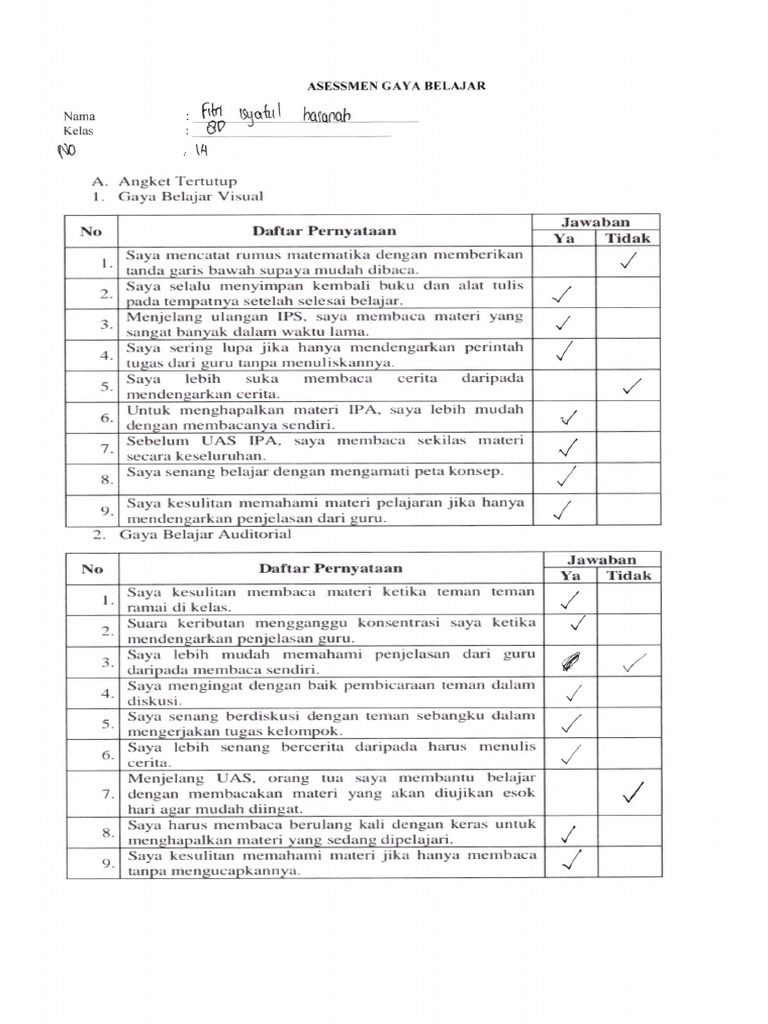 Asesmen Diagnostik Gaya Belajar Siswa - 001 | PDF