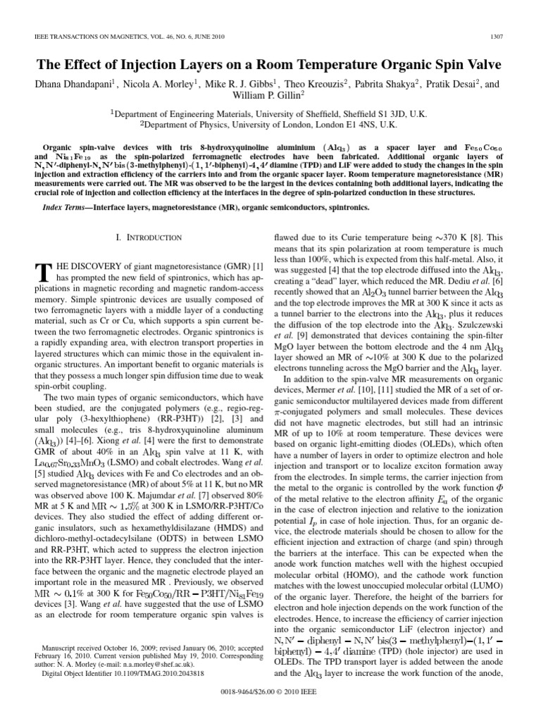 The Effect of Injection Layers On A Room Temperature Organic Spin Valve ...