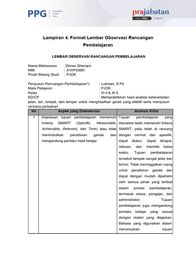 Lembar Observasi Rancangan Dan Perangkat Pembelajaran - Siklus 2 Dimas Ghenaro | PDF