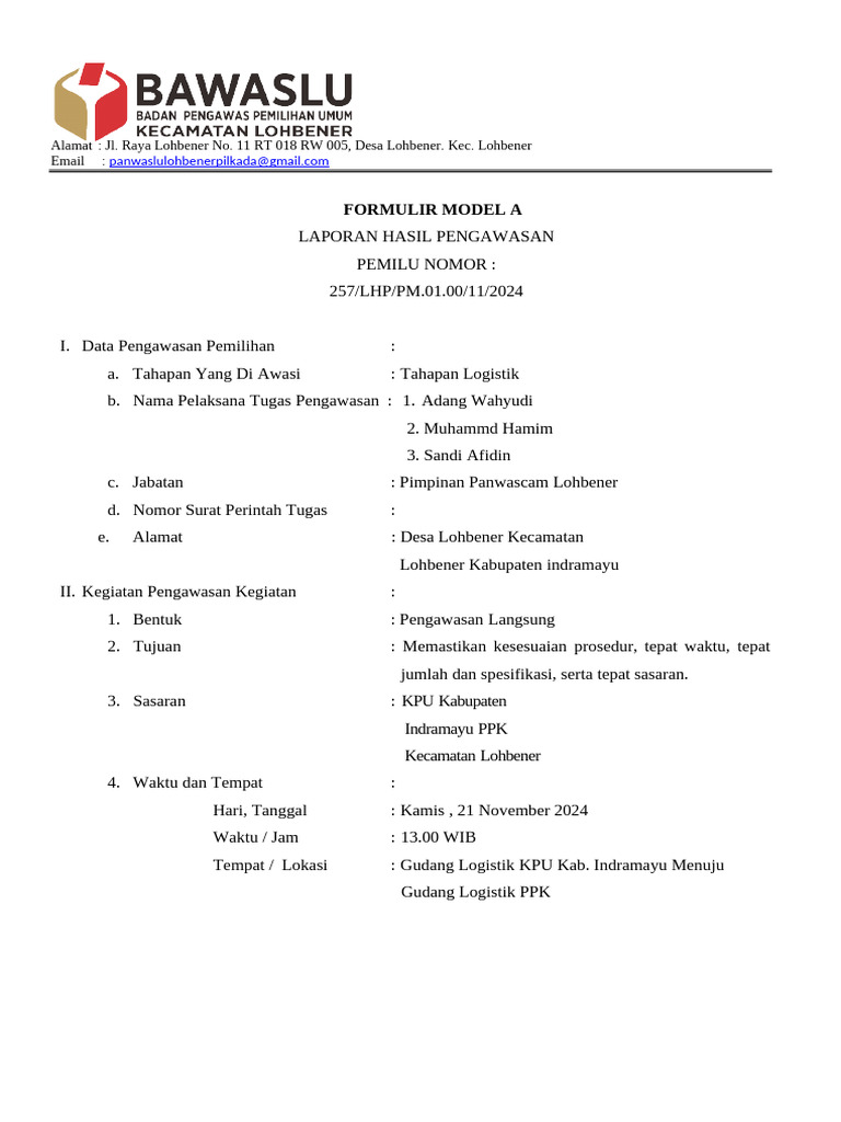 LHP Pengawasan Distribusi Logistik 21 November 2024 | PDF