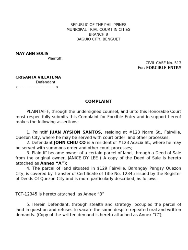 Complaint Forcible Entry 1 | PDF | Lawsuit | Complaint