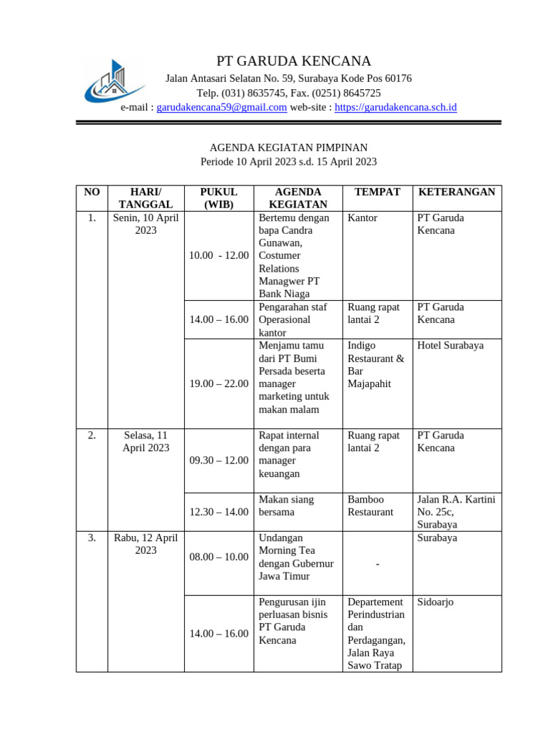 Contoh AGENDA KEGIATAN PIMPINAN | PDF