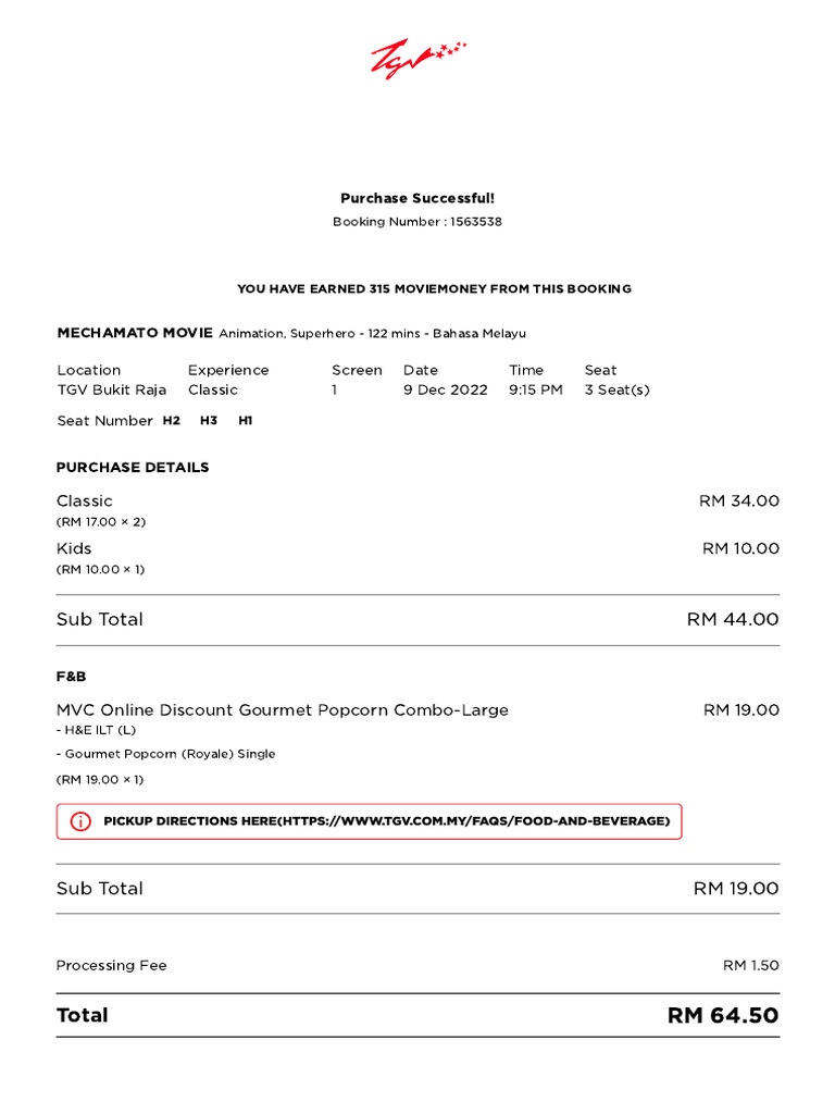 TGV Cinemas - Booking - Booking Confirmation - Mechamato | PDF