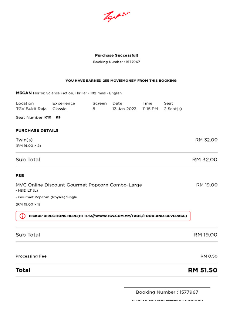 TGV Movie Booking Confirmation: M3GAN | PDF