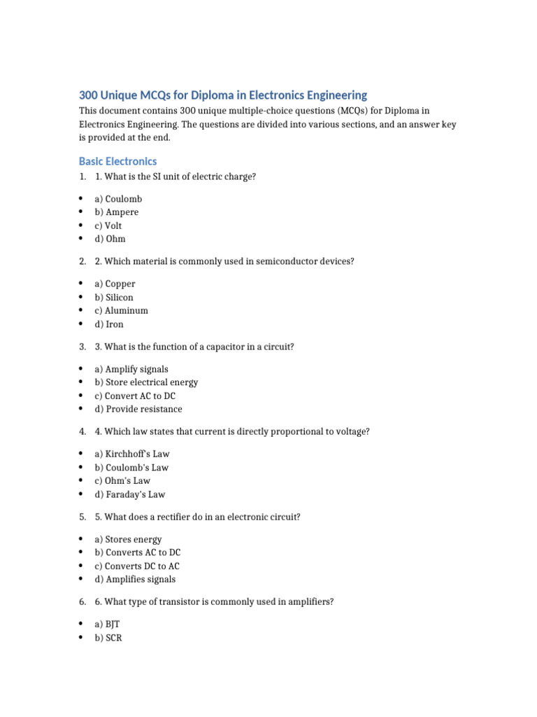 300 Unique MCQ Diploma Electronics | PDF | Amplifier | Rectifier