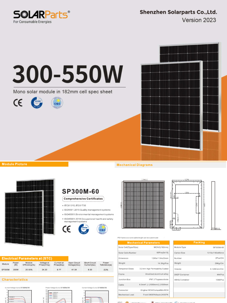 300-550W Mono Solar Module in 182mm Cell Spec Sheet | PDF