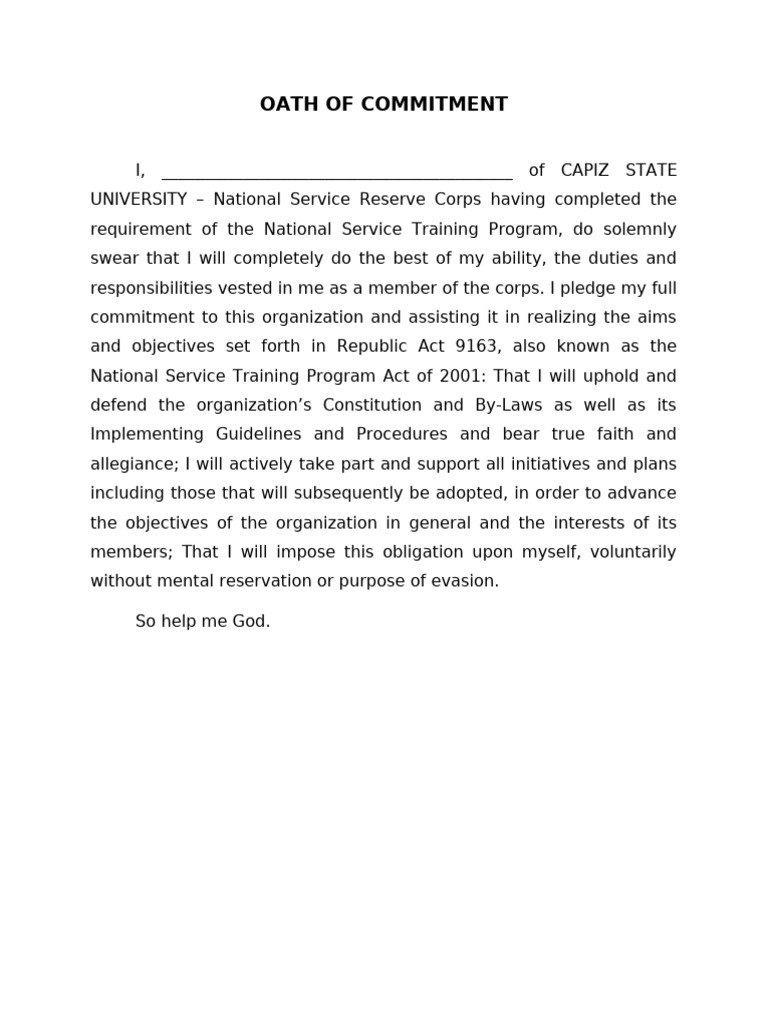 Oath of Commitment for NSTP Members | PDF