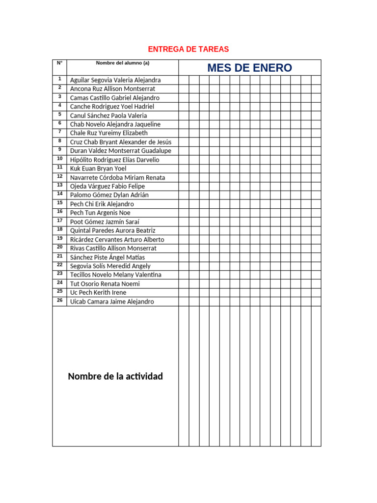 Lista de Entrega de Tareas Enero | PDF