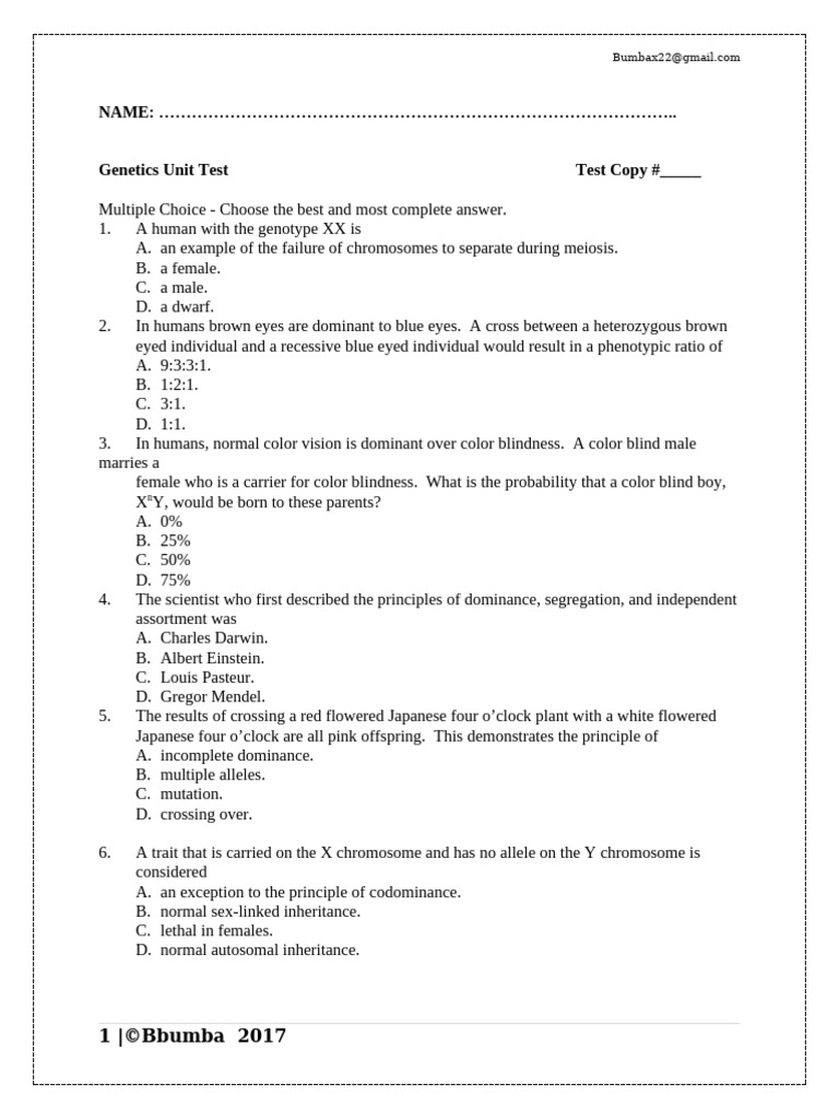 Genetics Unit Test Test | PDF | Dominance (Genetics) | Zygosity