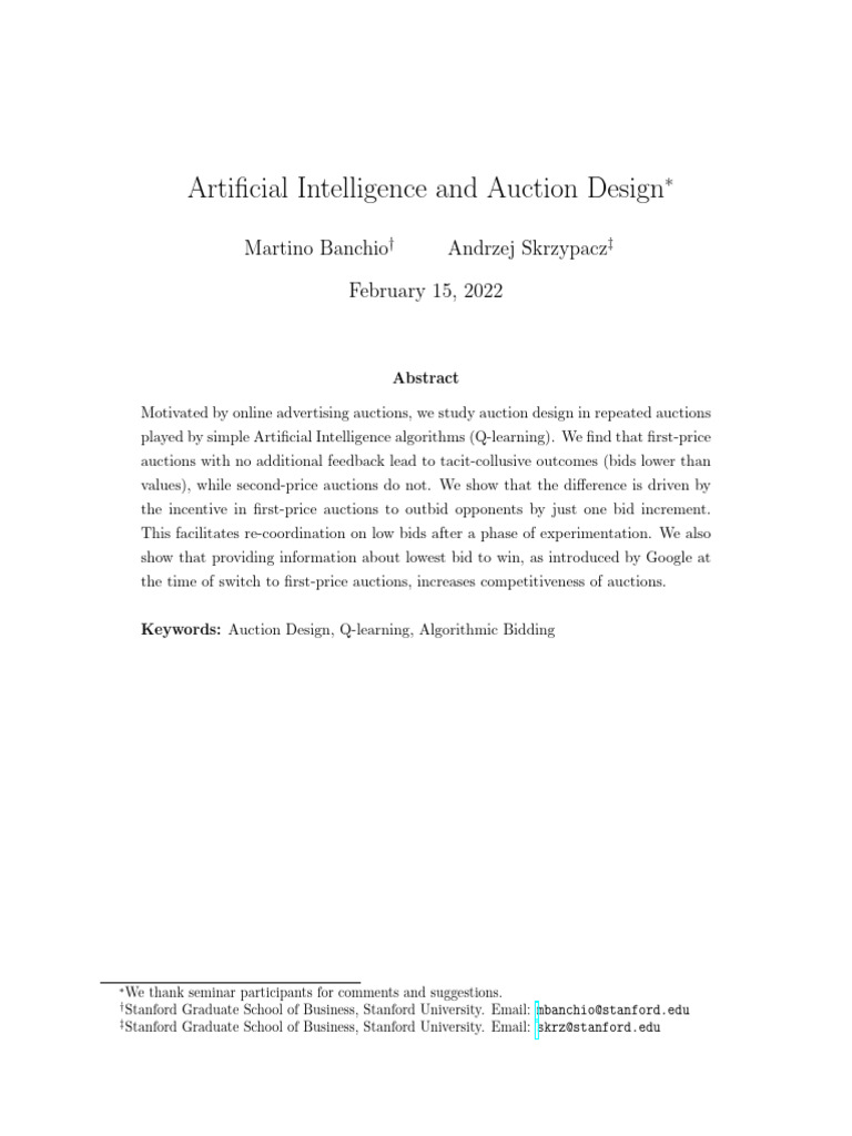 Artificial Intelligence and Auction Design | PDF | Auction | Economic ...