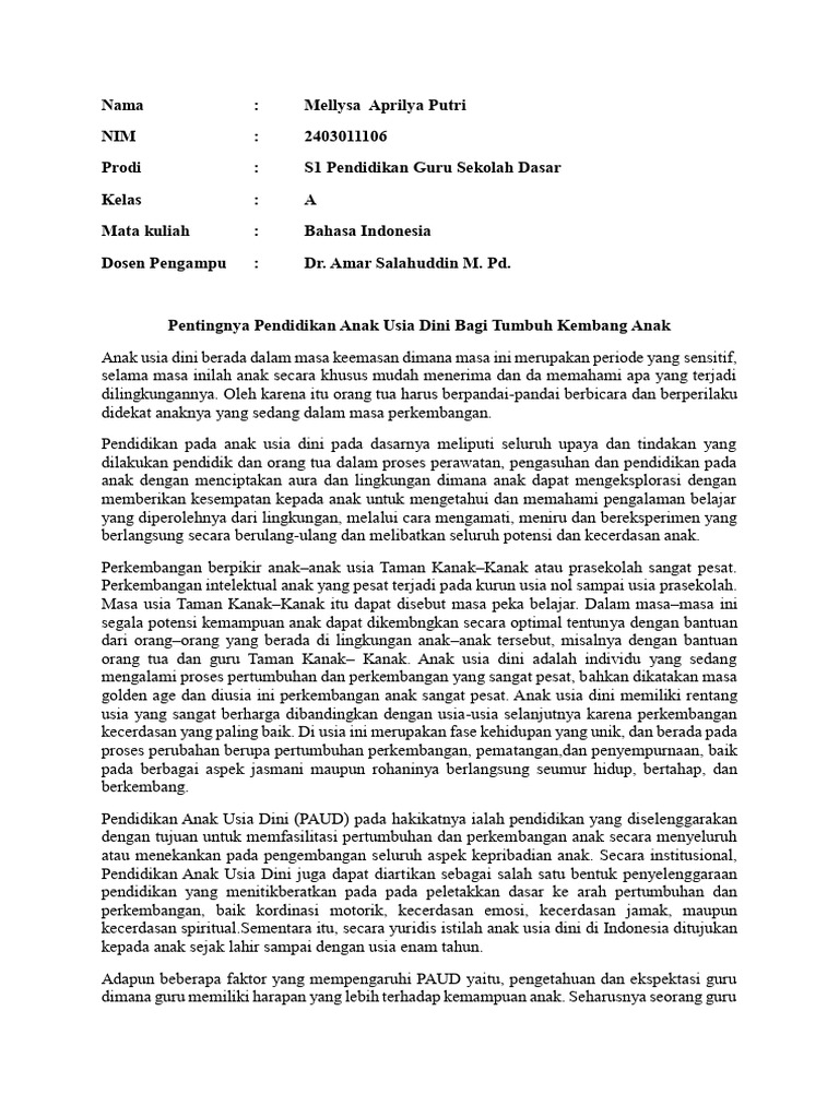 Esai Pentingnya Pendidikan Bagi Anak Usia Dini. Universitas Dharmas Indonesia MELLYSA | PDF