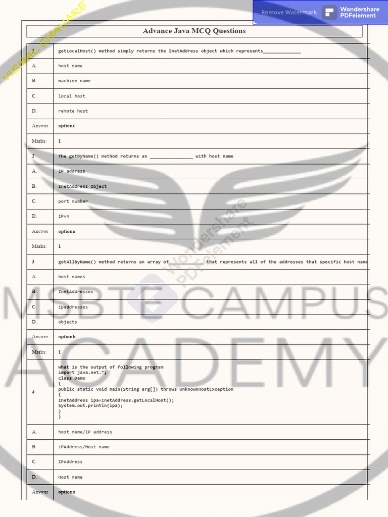 Vishal Chavare: Advance Java MCQ Questions | PDF | Ip Address | Databases
