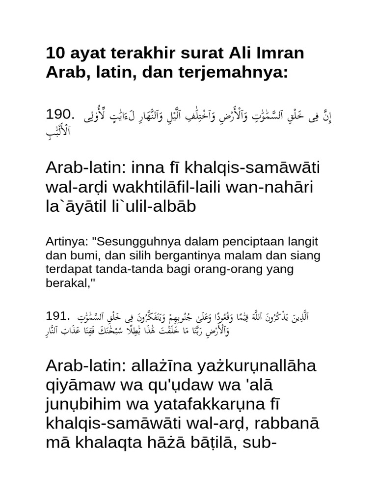 10 Ayat Terakhir Surat Ali Imran Arab | PDF