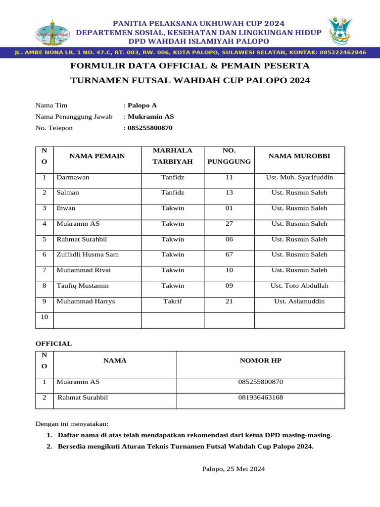 Formulir Peserta Futsal Wahdah Cup 2024 | PDF