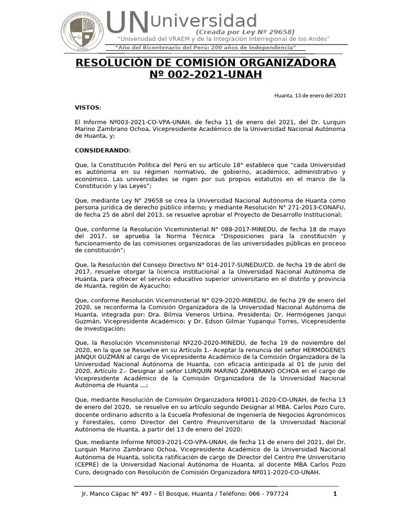 RESOLUCION C.O N° 002-2021 DESIGNACION MAG. POZO | PDF | Universidad | Constitución