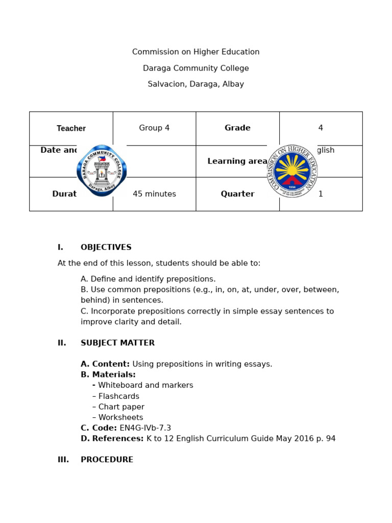 Lesson Plan in English 1 | PDF | English Language | Preposition And ...