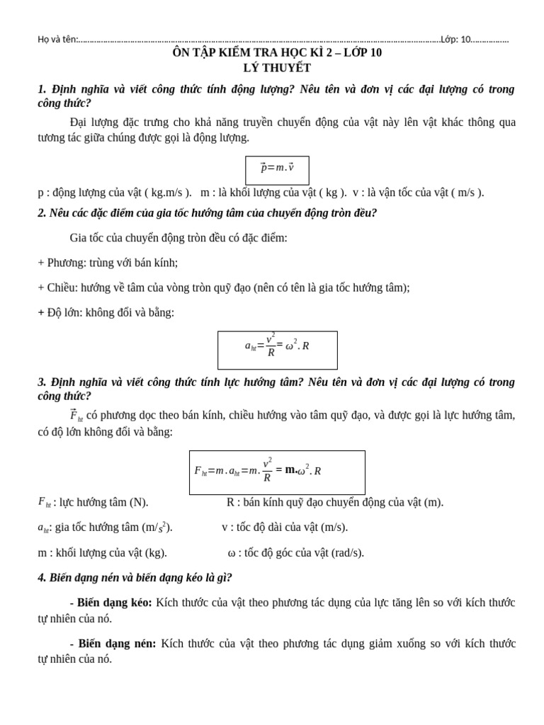 ĐỀ CƯƠNG LÍ 10 HK2 | PDF