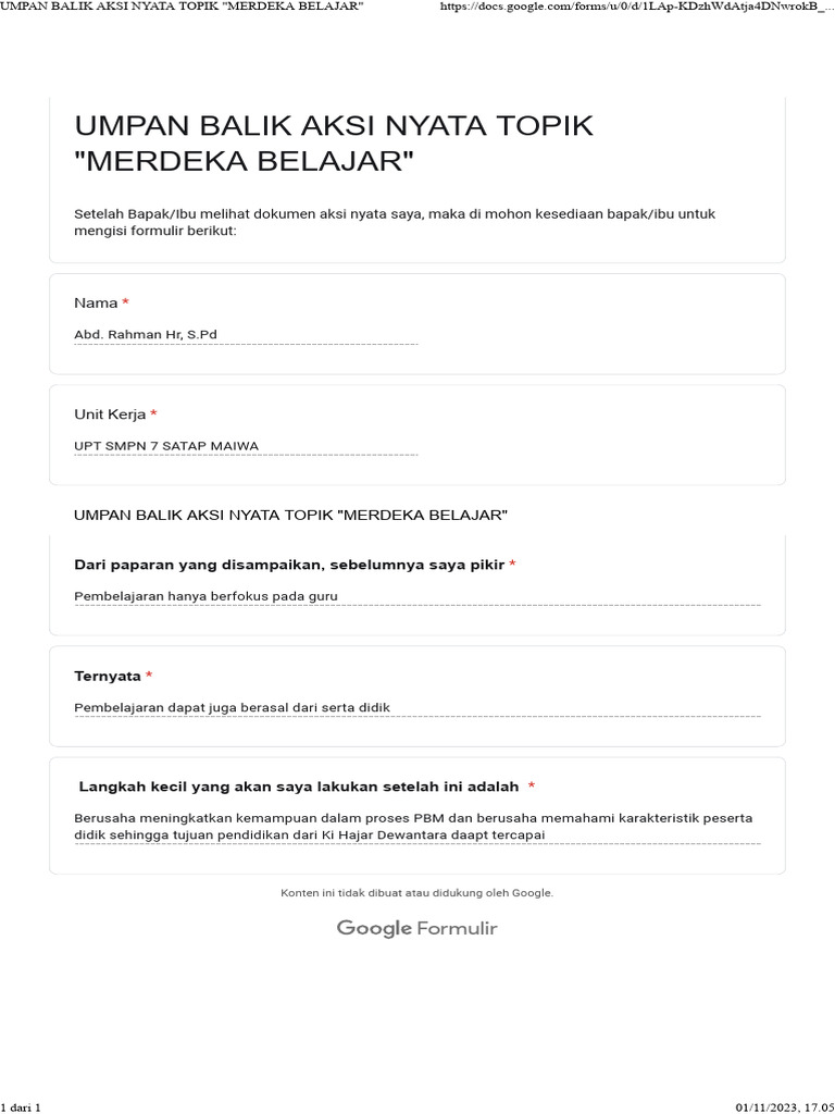 Umpan Balik Aksi Nyata Topik Merdeka Belajar | PDF