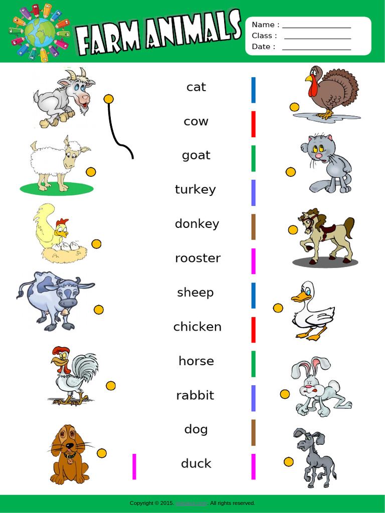 Farm Animals Esl Vocabulary Matching Exercise Worksheet For Kids | PDF