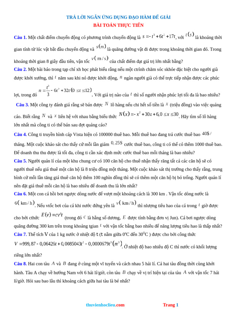 20 TLN ứng dụng ĐH giải bài toán thực tiễn | PDF