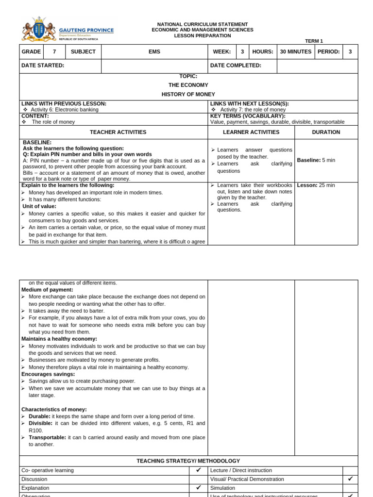 Week 3 Lesson Plan 3 | PDF | Money | Value (Economics)