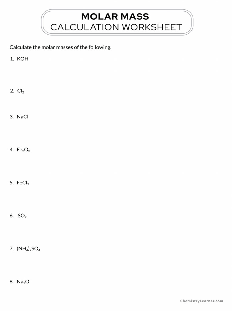 Calculating Molar Mass Worksheet | PDF