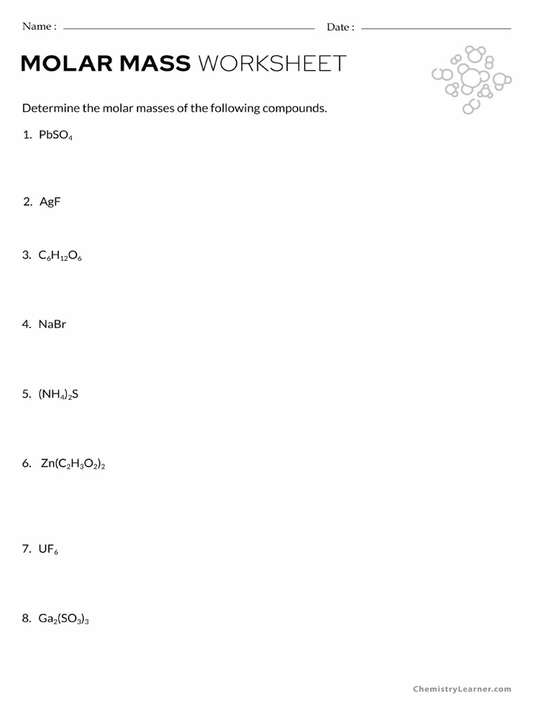 Molar Mass Worksheet With Answer Key | PDF