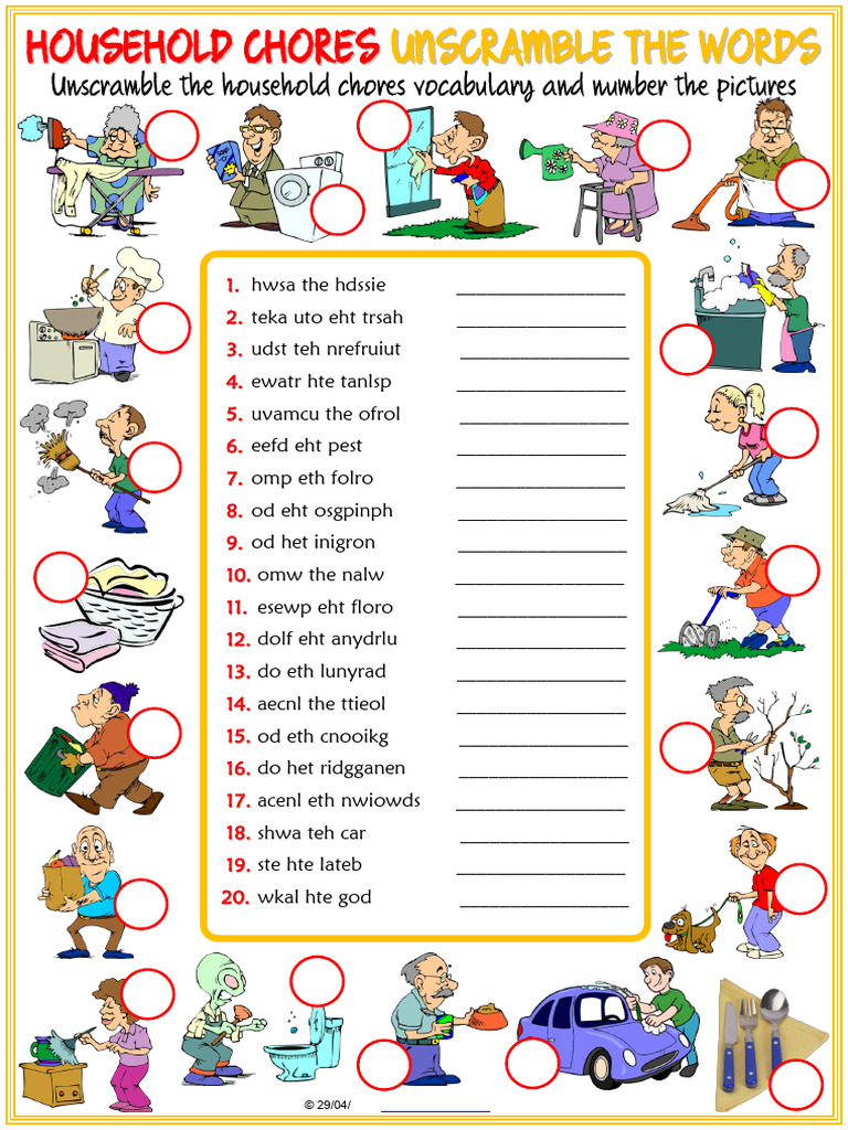 Household Chores Vocabulary Esl Unscramble The Words Worksheet For Kids ...