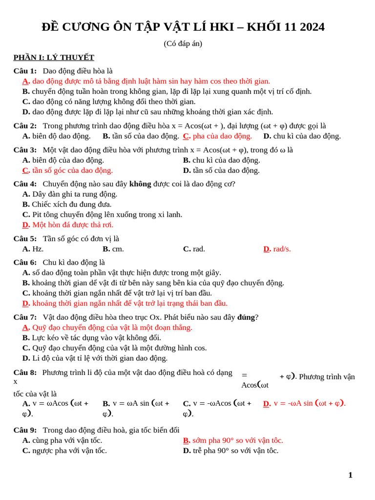 Đề Cương Ôn Tập Hk1 Lop11 2024- Đáp Án | PDF