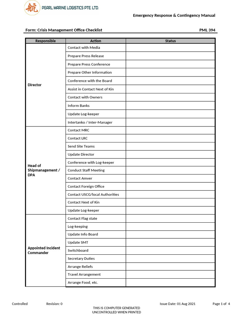 Crisis Management Office Checklist | PDF | Water Transport | Shipping