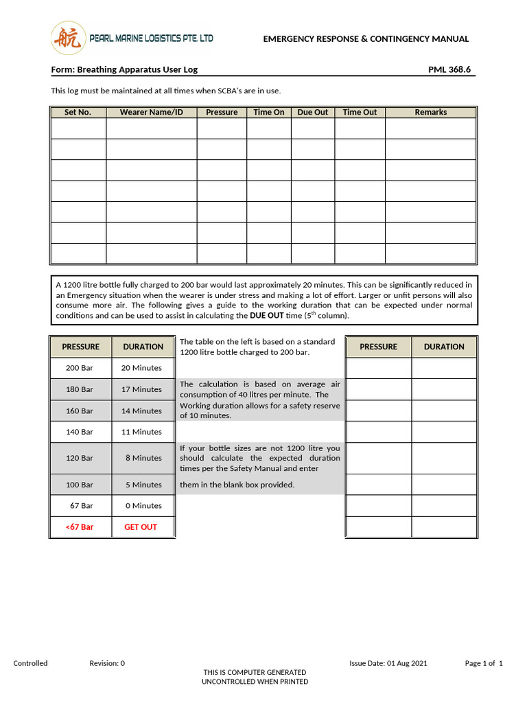 PML 368.6 - Breathing Apparatus User Log | PDF | Equipment | Underwater ...