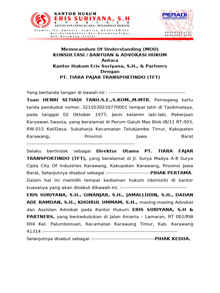 01 Perjanjian - Konsultasi MOU PT TFT | PDF