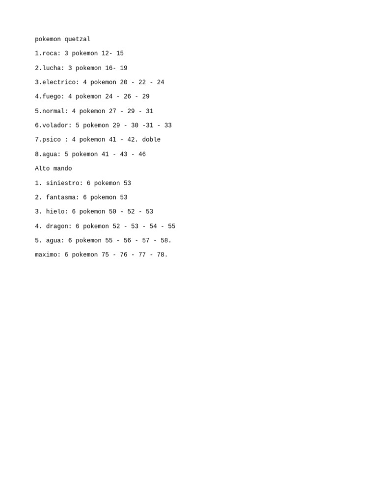 Pokémon Quetzal Type and Alto Mando List | PDF