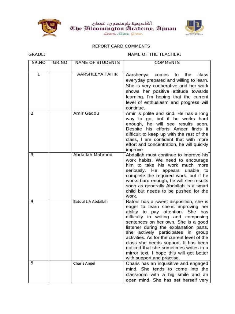 Student Report Card Comments | PDF | Homework | Learning