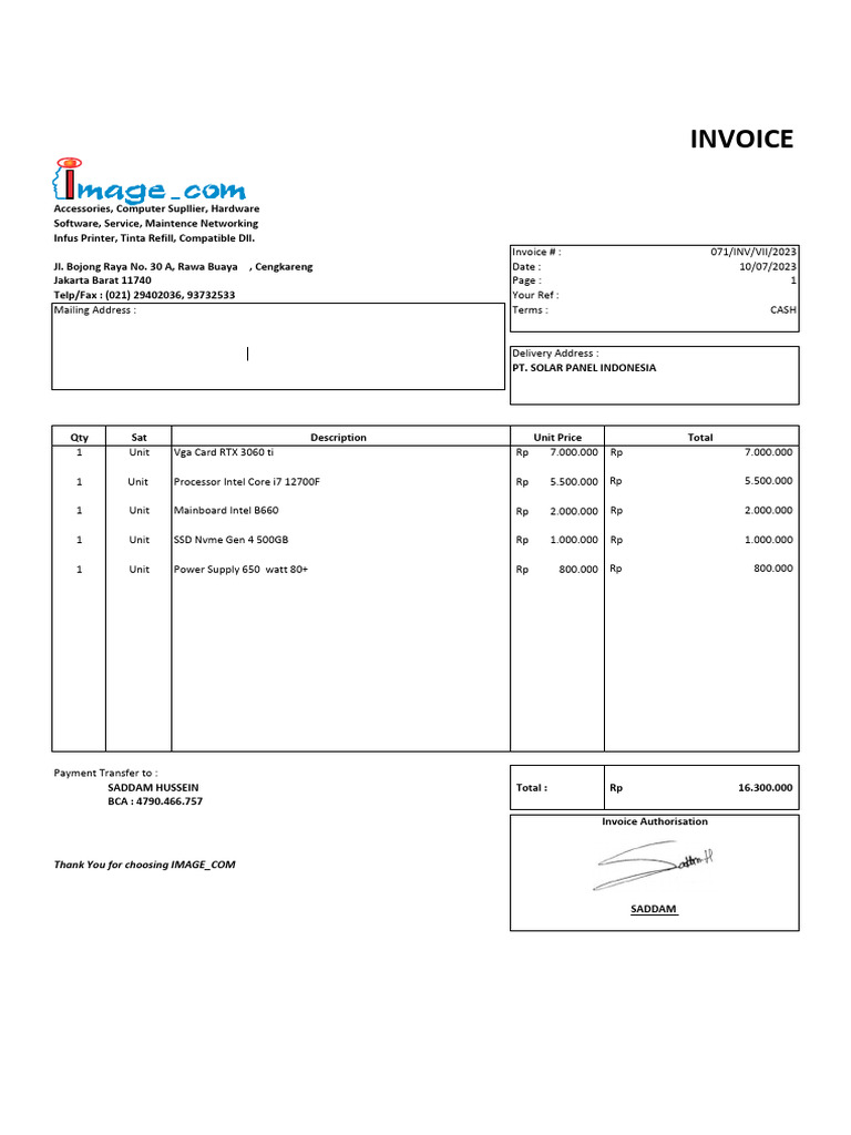 Invoice for Computer Hardware Supplies | PDF