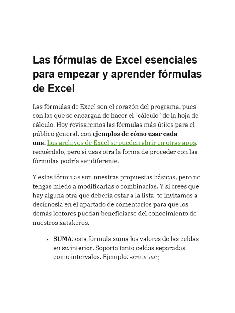 Las fórmulas de Excel esenciales para empezar y aprender fórmulas de Excel | PDF