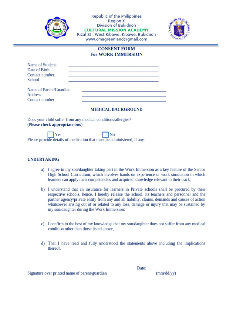 Consent Form For Work Immersion | PDF